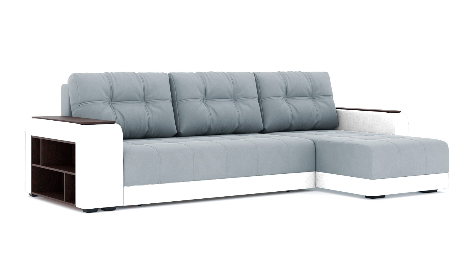 Угловой диван Милан, еврокнижка, полка в подлокотнике, угол универсальный, велюр Зара Маус 12/ кожзам белый