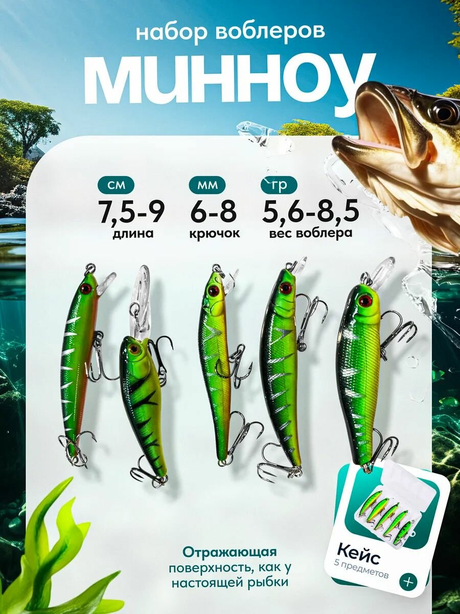 Набор приманок для спиннинга 5 шт, воблеры и силиконовые приманки для окуня и жереха