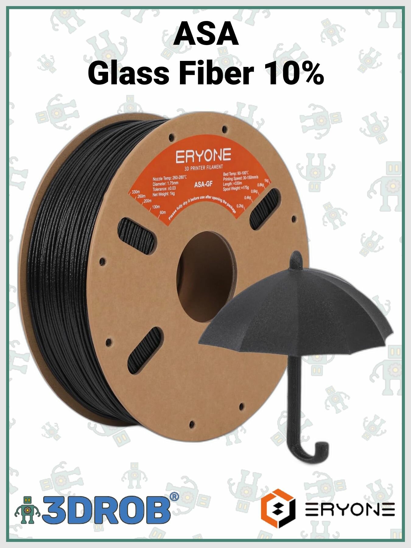 ASA Glass Fiber 1,75 мм 1 кг (Eryone) черный стекловолокно