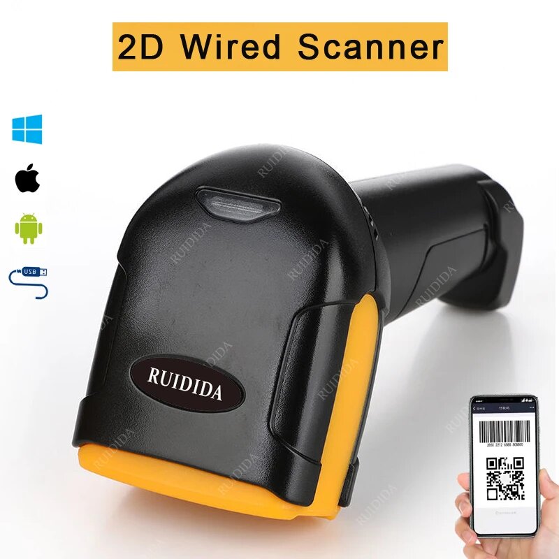 2D проводной сканер штрих-кодов R6-Wired Scanner, черный и желтый