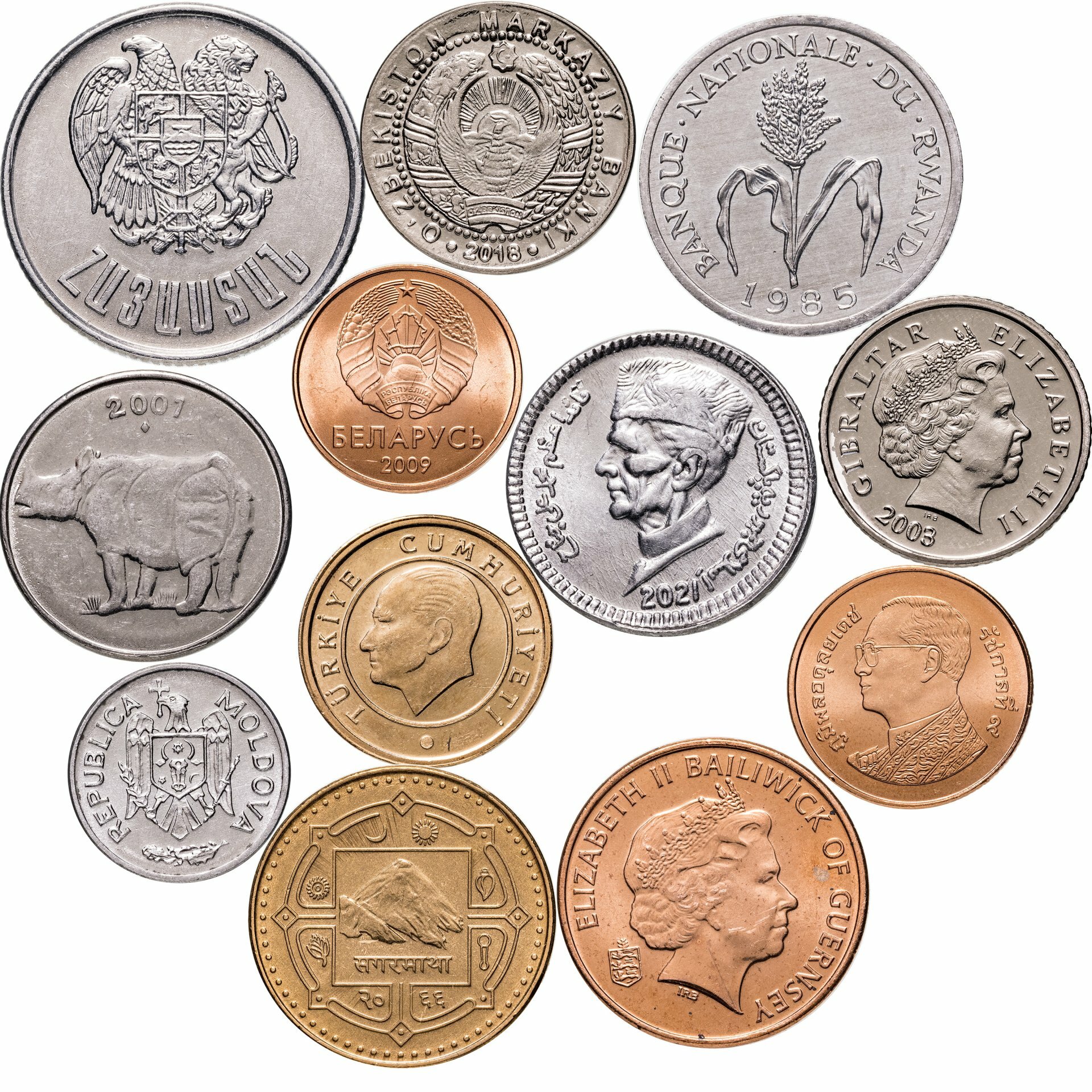 Набор из 12 монет разных стран мира 1985-2022, Разный сплав, в сохранности UNC