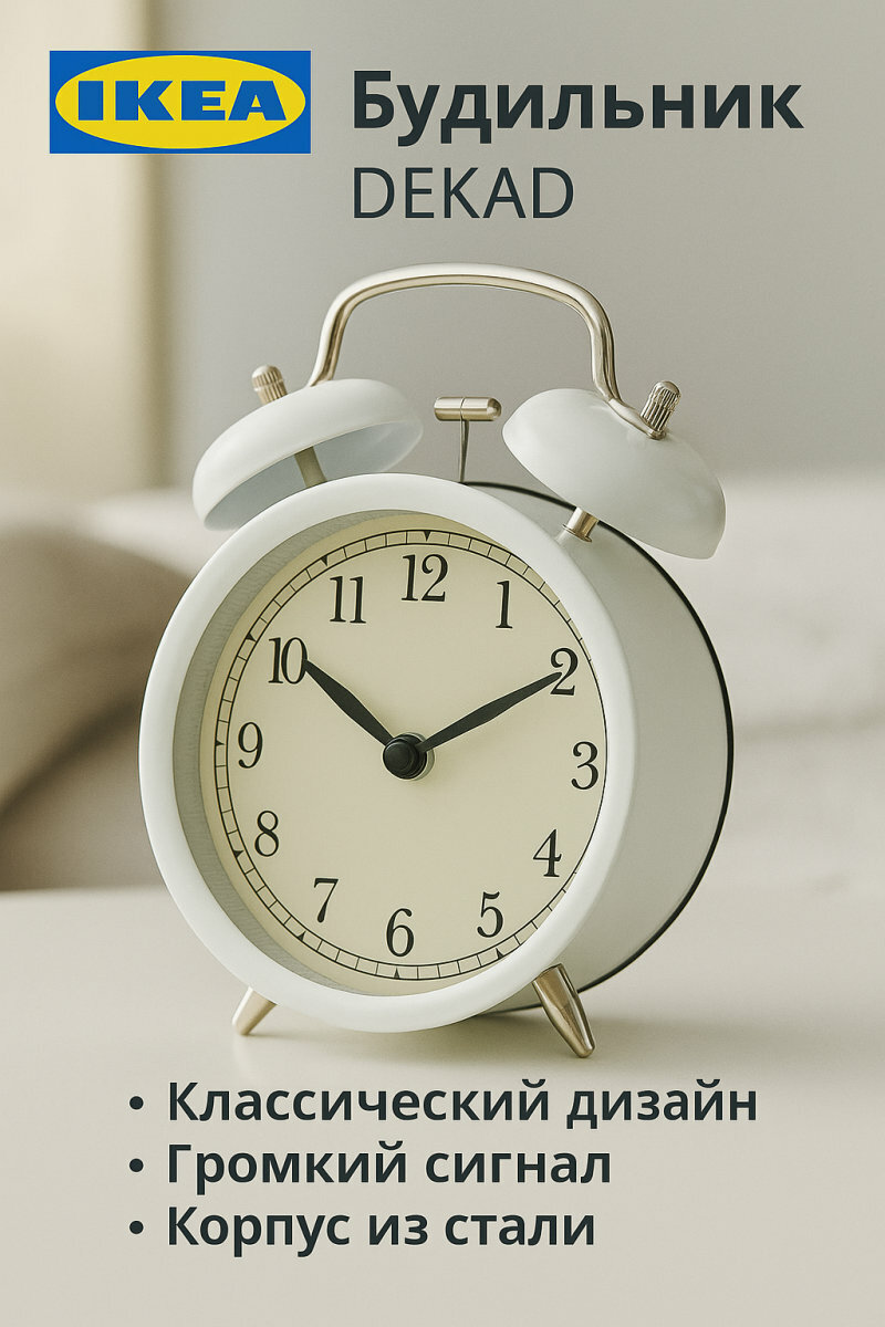 Будильник IKEA - DEKAD (декад), из стали, цвет белый, 14 х 10 см, 1 шт