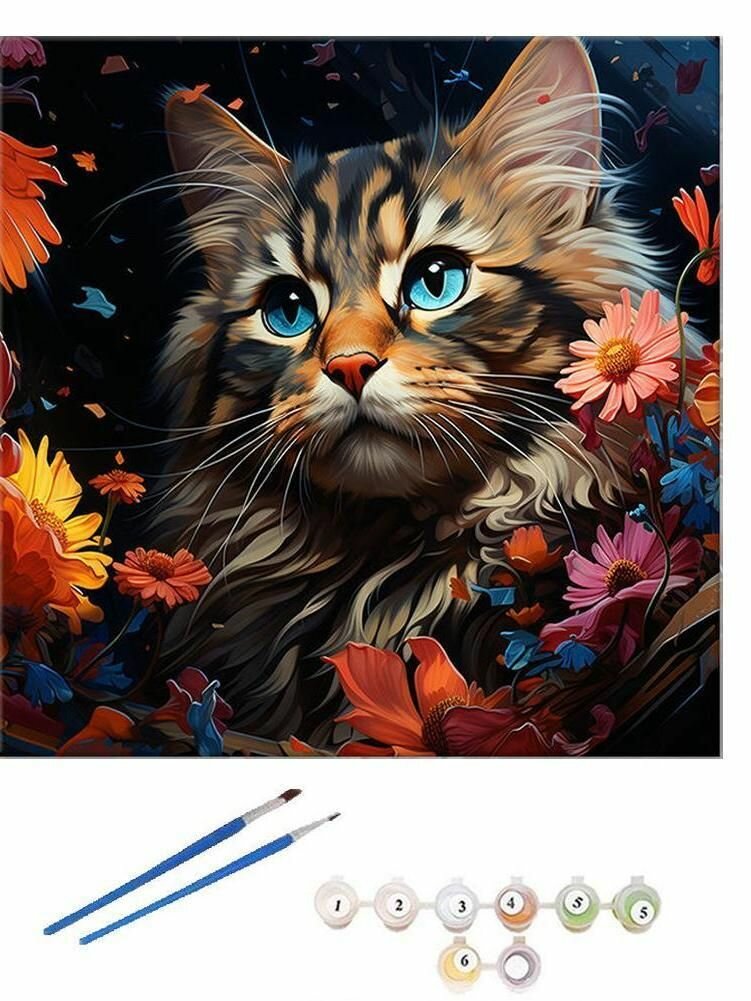DIY Картина по номерам Кошечка купается 20х20/без рамки/Набор для цифровой живописи