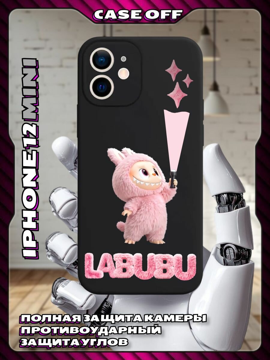 Чехол ZiART (Labubu 2 / Лабубу 2) на iPhone 12 mini силиконовый, с защитой камеры, черный