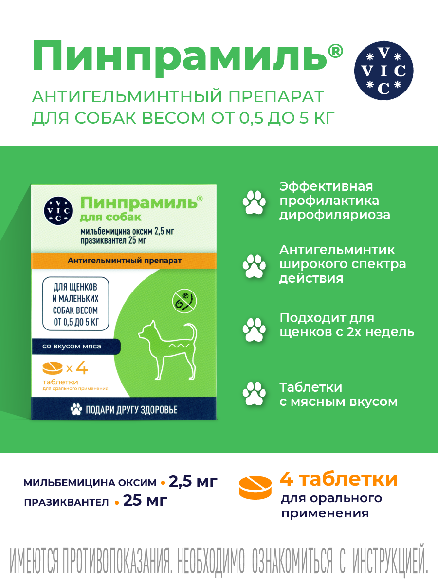 Пинпрамиль, таблетки от гельминтов для щенков и маленьких собак, 4 таблетки, 2,5мг/25мг, вес до 5кг