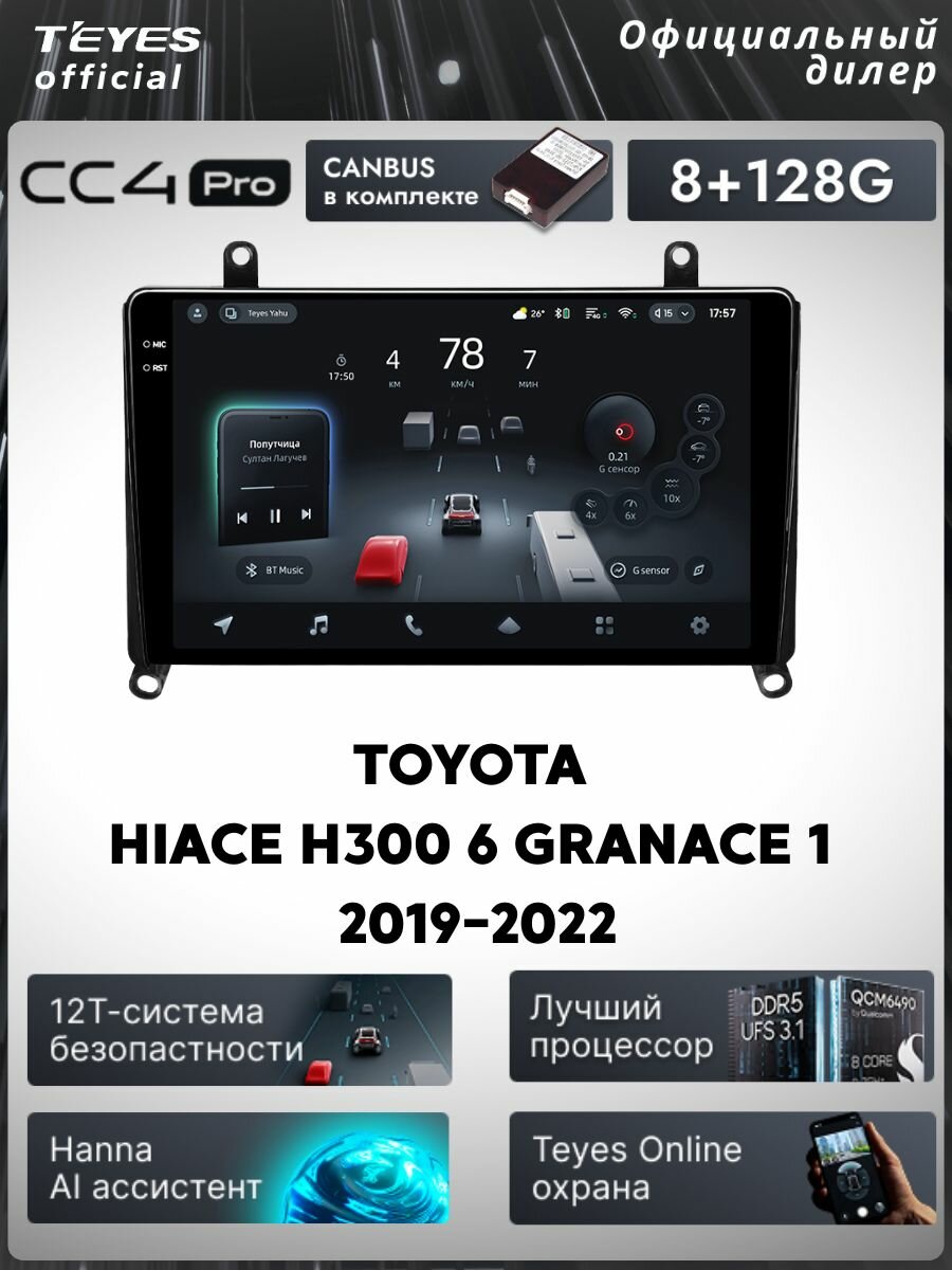 Магнитола Teyes CC4 Pro 8/128GB для Toyota Hiace H300 VI 6 GranAce I 1 2019-2022, штатная магнитола, 8-ми ядерный проц