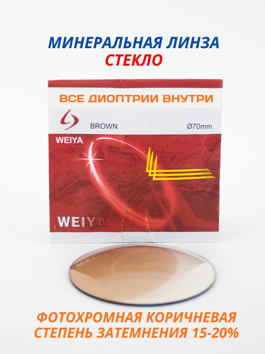 Линза для очков, сфера +0.50 GLASS PHOTOCHROME BROWN стекло фотохром , цвет коричневый индекс 1.50