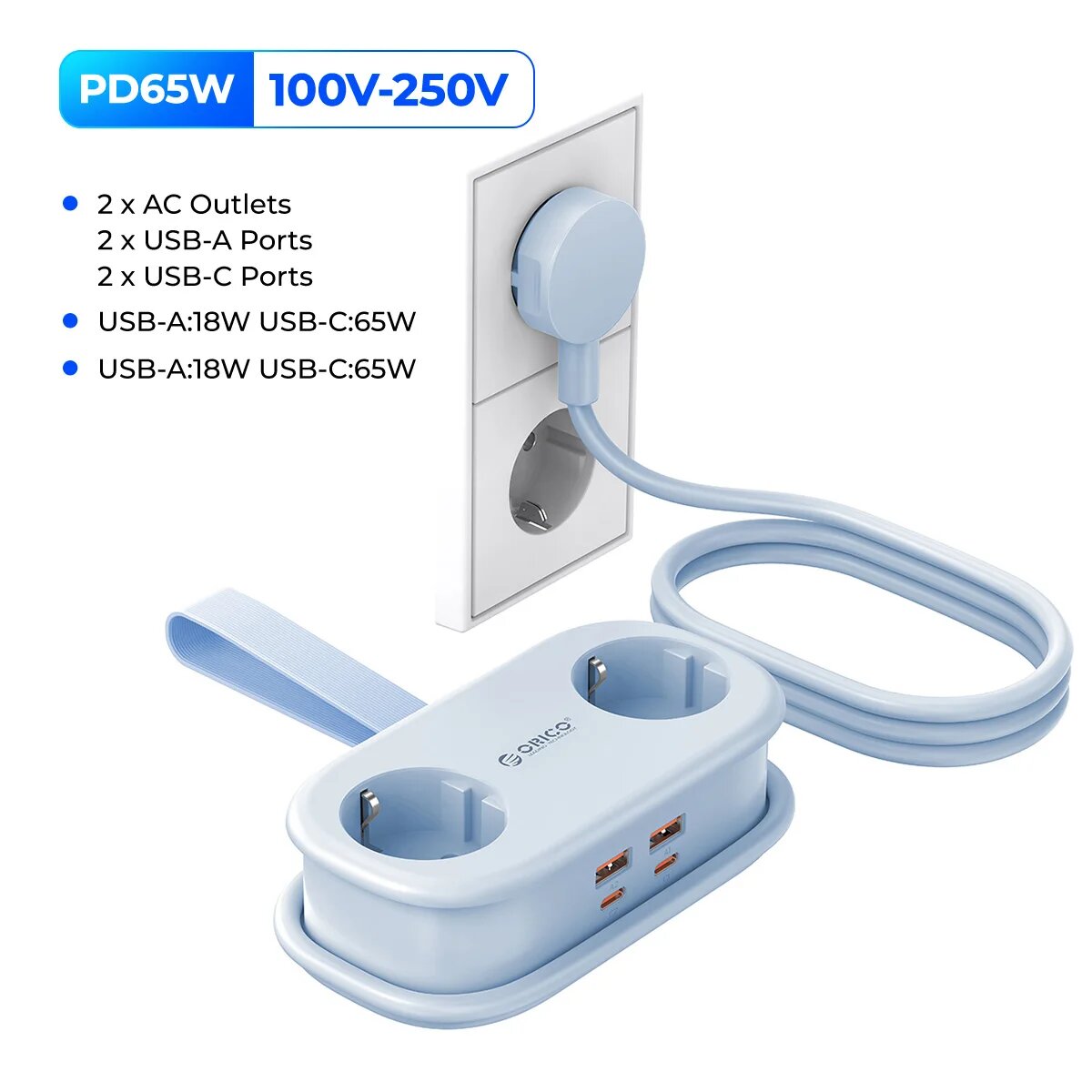 ORICO удлинитель 2 розетки 2 USB-A 2 USB-C, 65W GaN Blue