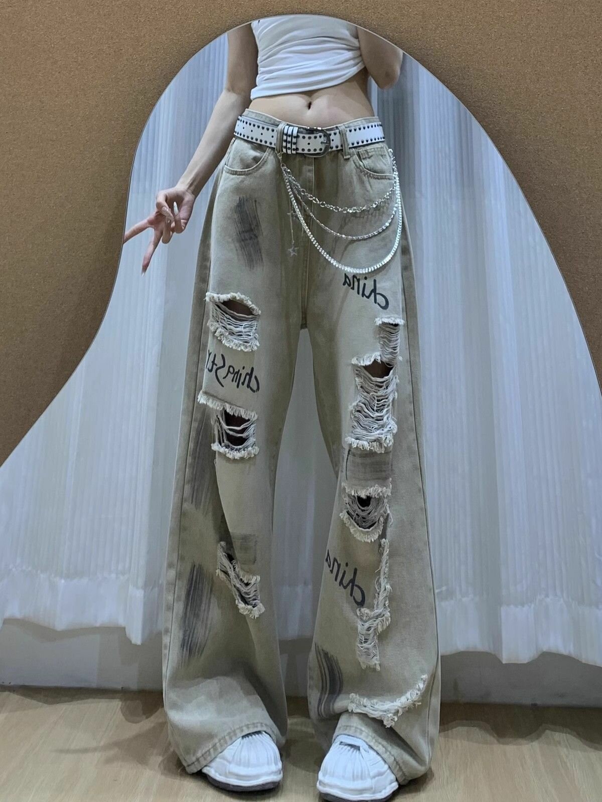 Женские джинсы Версия повышения Источник амерканских рваных — летние высокоходные стройные прямые свободные штаны