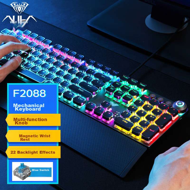 AULA F2088 Mechanical Keyboard, Wired Keyboard, Gaming Keyboard, 104 Keys Mixed Backlight, Cyberpunk, Macro Programming, Computer Keyboard, Black, Blue Switch