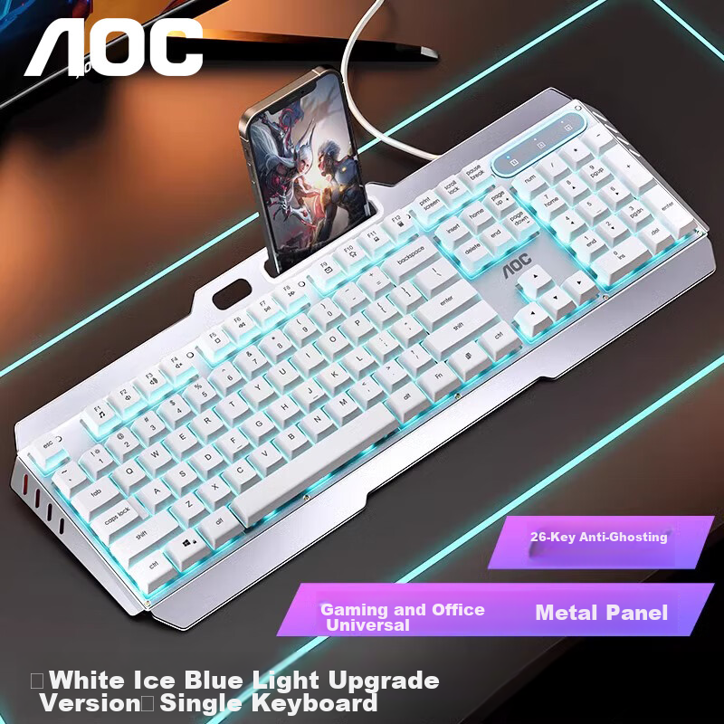 AOC KB122 Wired Keyboard, True Mechanical Feel, Backlit Lighting Effects, Gaming Keyboard, Compatible with Computers And Laptops, White with Blue Light