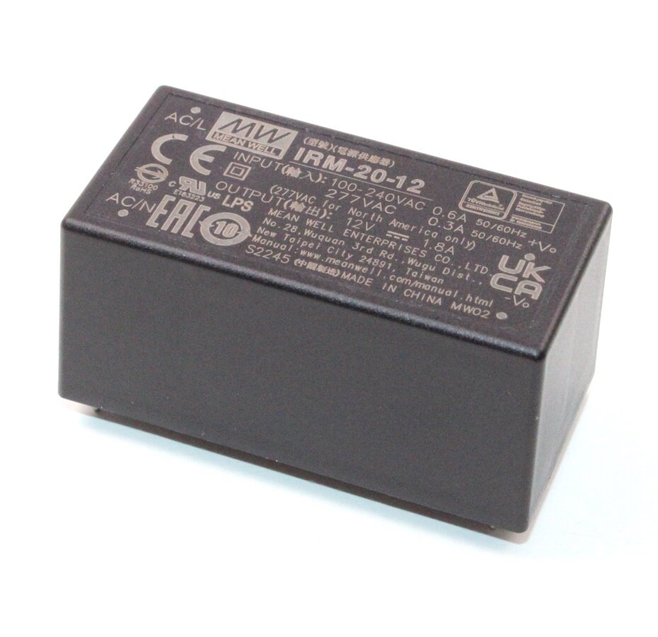 IRM-20-12, Модуль питания сетевой (блок питания под пайку), 52.4x27x24мм, MW, AC-DC, 21.6 Вт, вход 85.264В AC 47.440