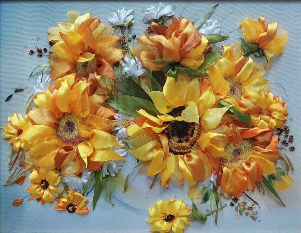 Вышивка лентами набор фабрика рукоделия "Подсолнухи" 30х40 см, Цветы Букеты