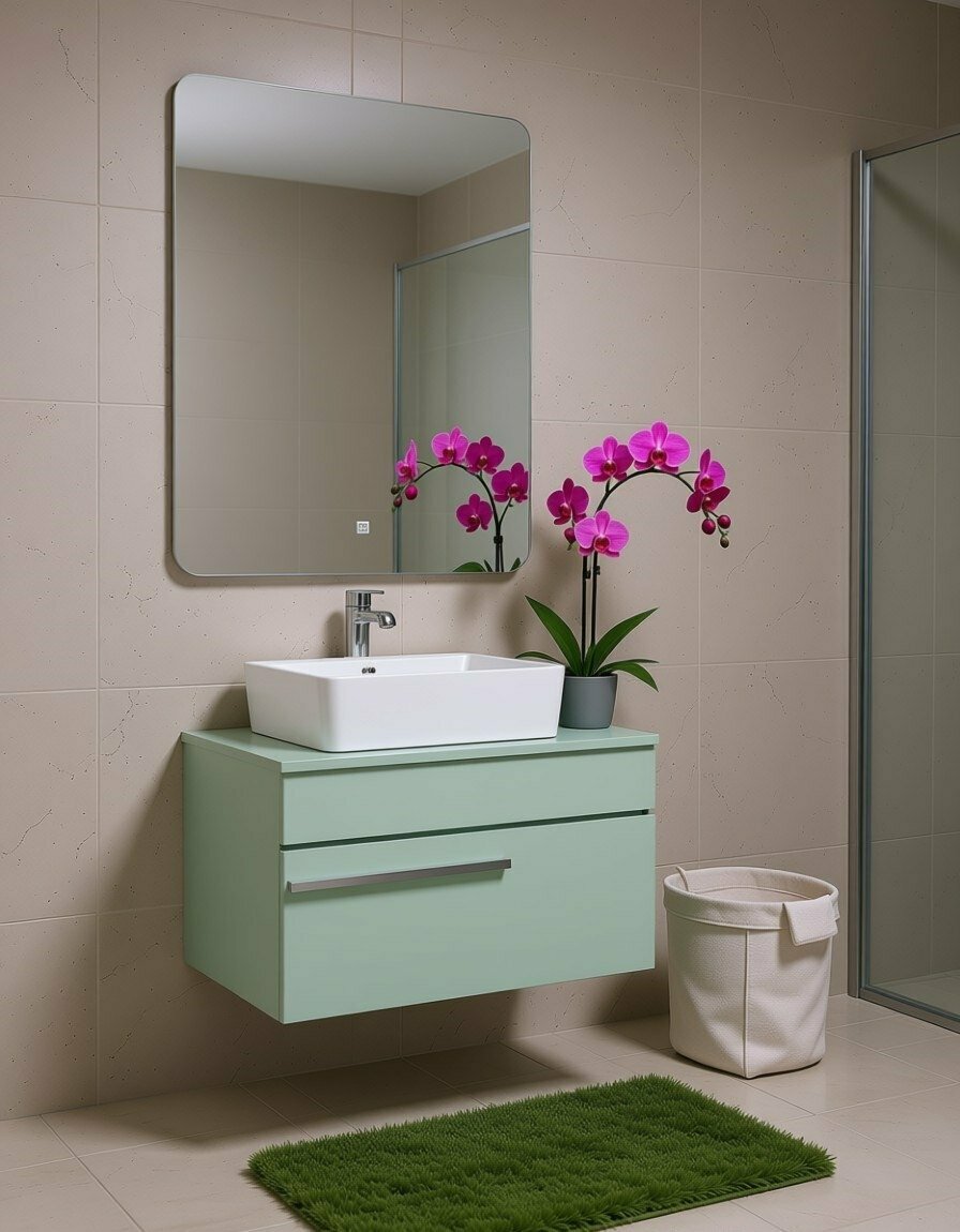 Мебель для ванной Вудлайн 65, оливковый, раковина Тренд, зеркало Руан 60х80