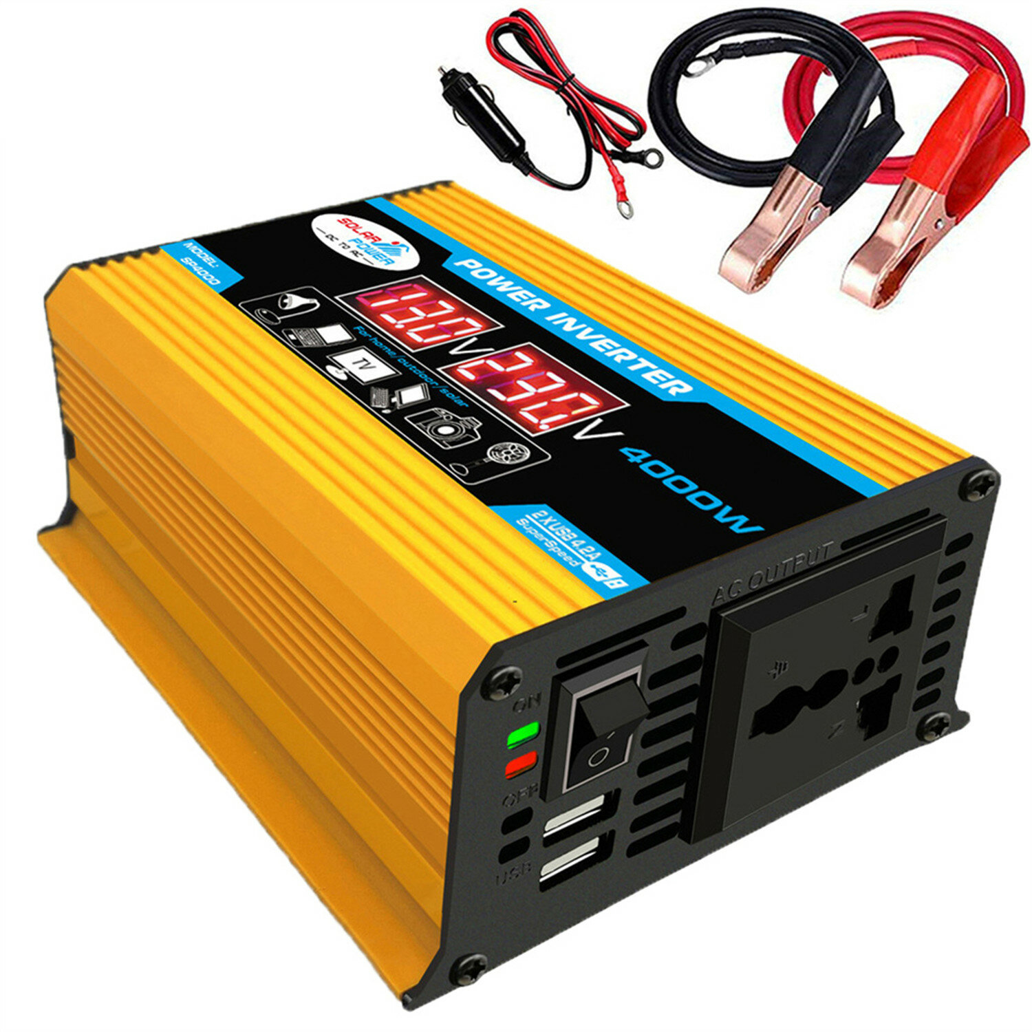 Автомобильный инвертор 4000W, модифицированная синусоида, 2 USB порта, LED дисплей, DC 12V до AC 110V/220V, входное напряжение DC10.5V-15V, номинальная мощность 300W, пиковая мощность 4000W, размер 161*112*56mm, материал ABS, с клешнями для батареи (2