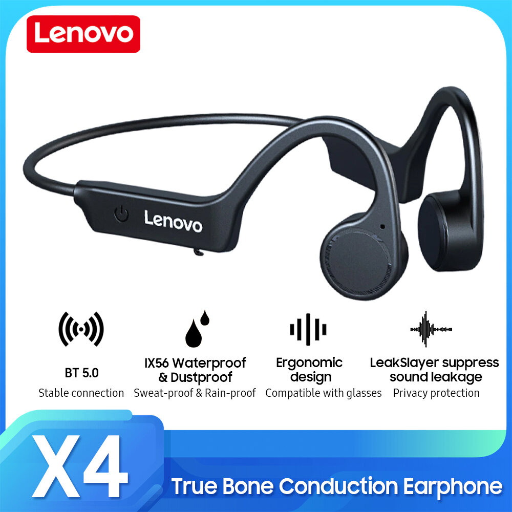 Lenovo X4 Наушники Беспроводные Костивое Проводение BT5.0 IP56 Водонепроницаемые Защита Конфиденциальности Звука 360° Гибкие Спортивные Новинка Черный 25 г