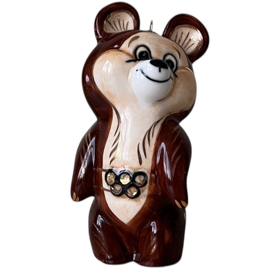 Елочная игрушка Олимпийский Мишка талисман Олимпиады цветной с золотом Лефортовский фарфоровый завод. Игрушка из фарфора