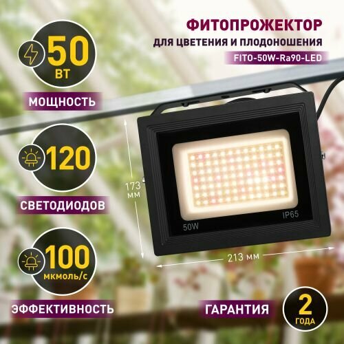 Фитопрожектор LED 50Вт FITO Ra90 для цветения и плодоношения FITO-50W-Ra90-LED ЭРА, уп. 1шт