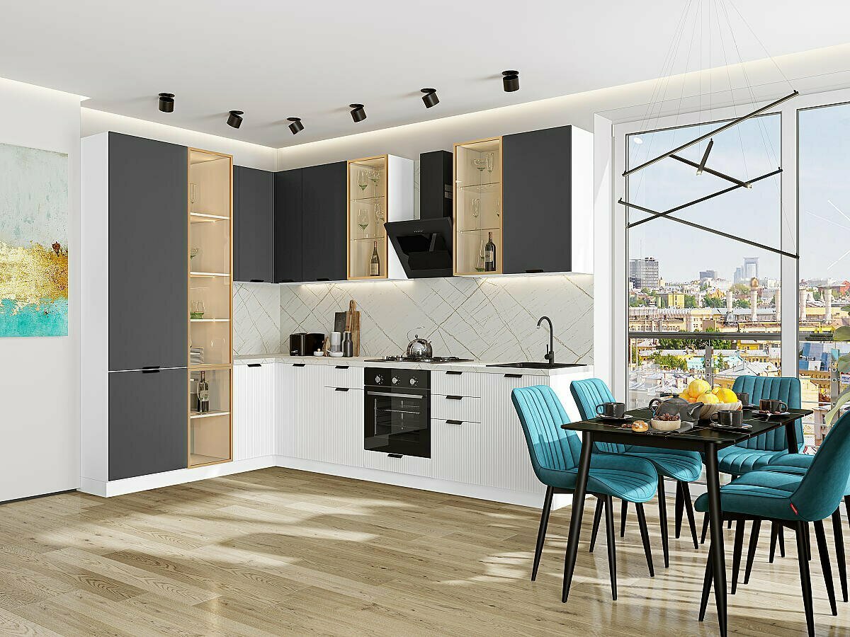 Кухня угловая 3 м. Евро Лайн-07, полки стекло Готовый кухонный гарнитур 2340*2000-3000*600 Антрацит-Белый со столешницей