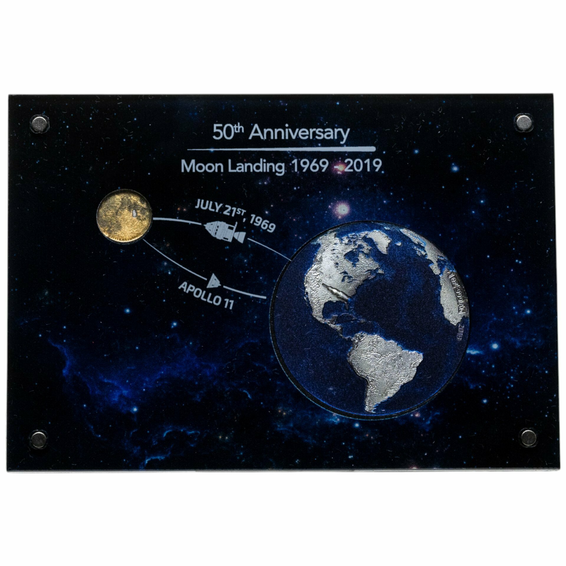 Барбадос 5 долларов 2019 набор из 2-х монет "50 лет прилунения Космос" в футляре с сертификатом, Серебро 999, в сохранности PL