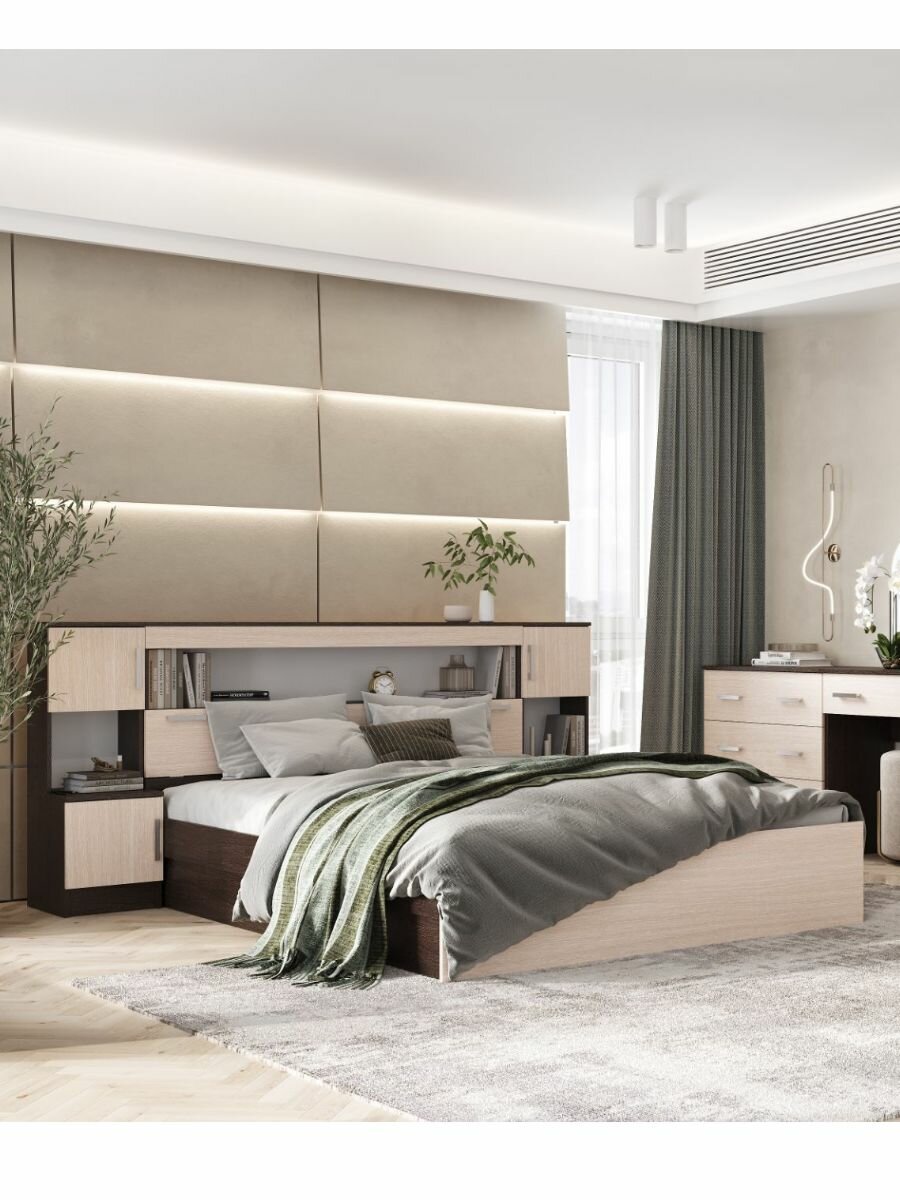 Кровать двуспальная Бася 2335х1016х2229, Венге/Дуб беленый, с надстройкой и тумбами, МИФ