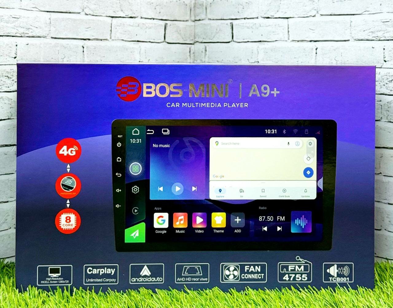 Автомагнитола BOS MINI A9 Android, 9 дюймов, 8/128 GB, Sim карта Bluetooth, USB, AUX, FM