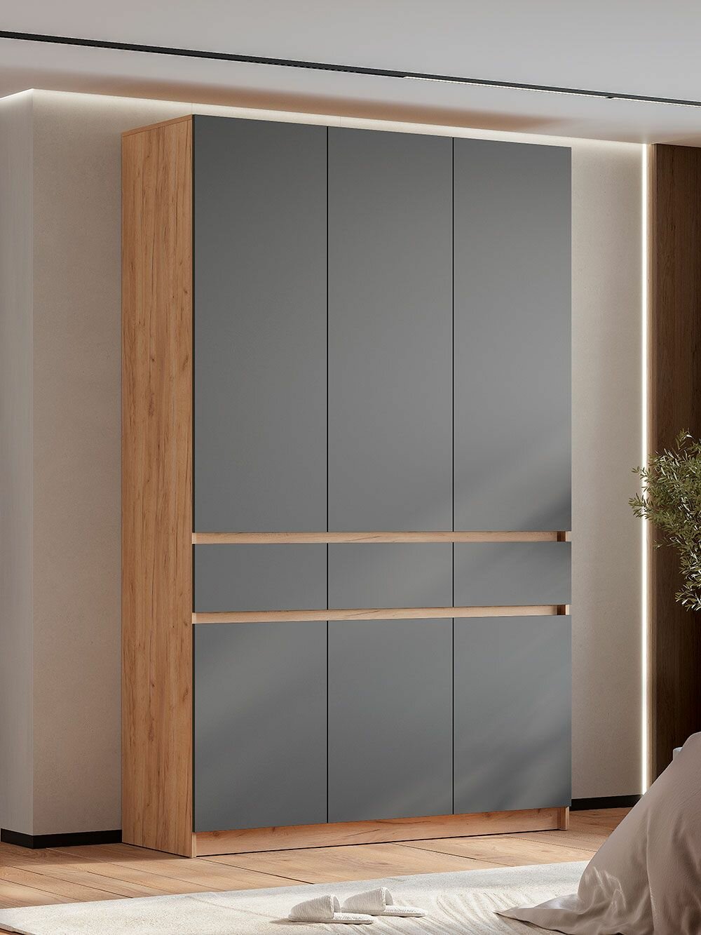 Распашной шкаф для одежды и хранения вещей Багира Миди с полками, с ящиками, со штангой для одежды, 150.2х51х238.4 см, Крафт / Графит