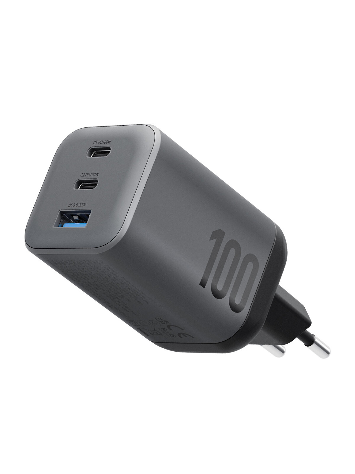 Зарядное устройство Energea AmpCharge Mini GaN, быстрая зарядка, 2USB-C PD 100W + USB-A QC 3.0 30W, PPS 105W, серый