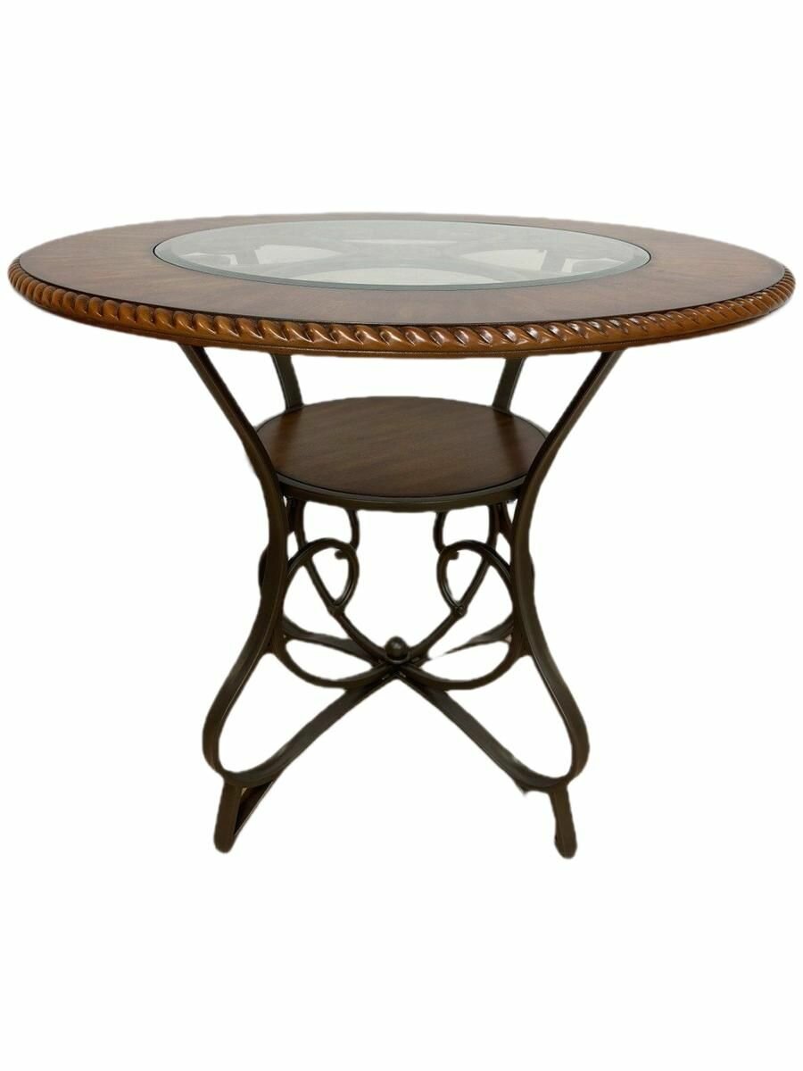 Стол обеденный BILBOQUET. Полубарный со стеклянной столешницей на кованном подстолье для гостиной столовой бара ресторана.