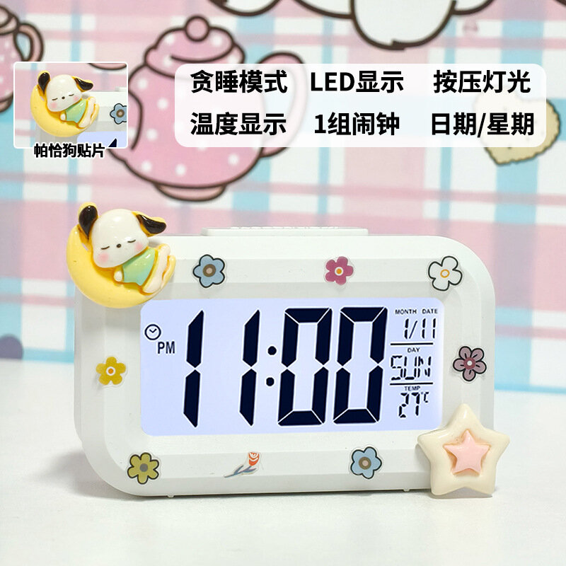 Будильник Hello Kitty Sanrio, светодиодная подсветка, с функцией таймера, случайные наклейки