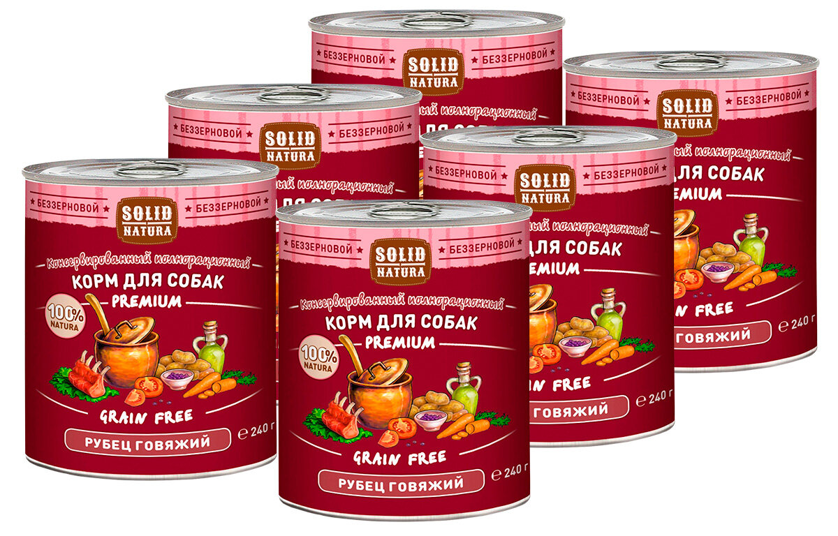 Корм влажный Solid Natura Premium беззерновые для взрослых собак, рубец говяжий, 240 гр х 6 шт