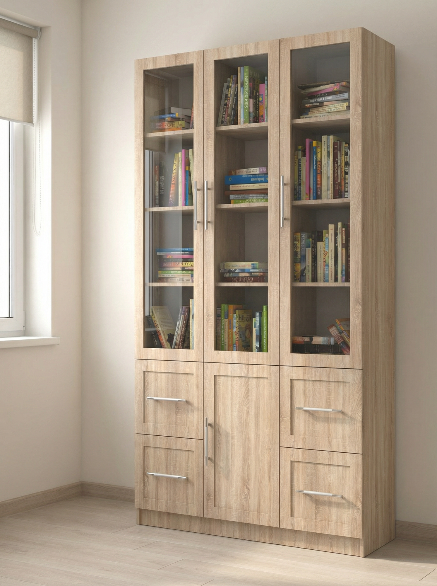 Шкаф книжный трехстворчатый Вита 3-5 с 4 ящиками, ШхГхВ: 102х38х210 см, дуб сонома