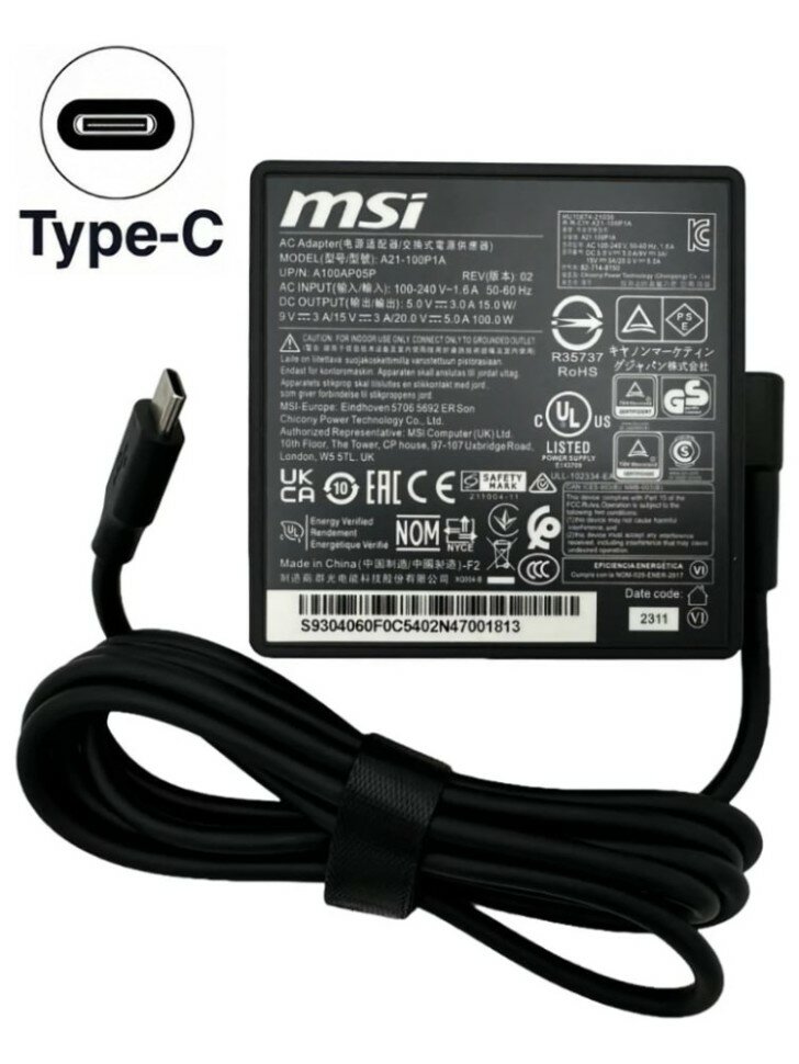 Зарядное устройство для ноутбука MSI, 20V - 5A, (Штекер: Type-C) 100 Вт Monolit
