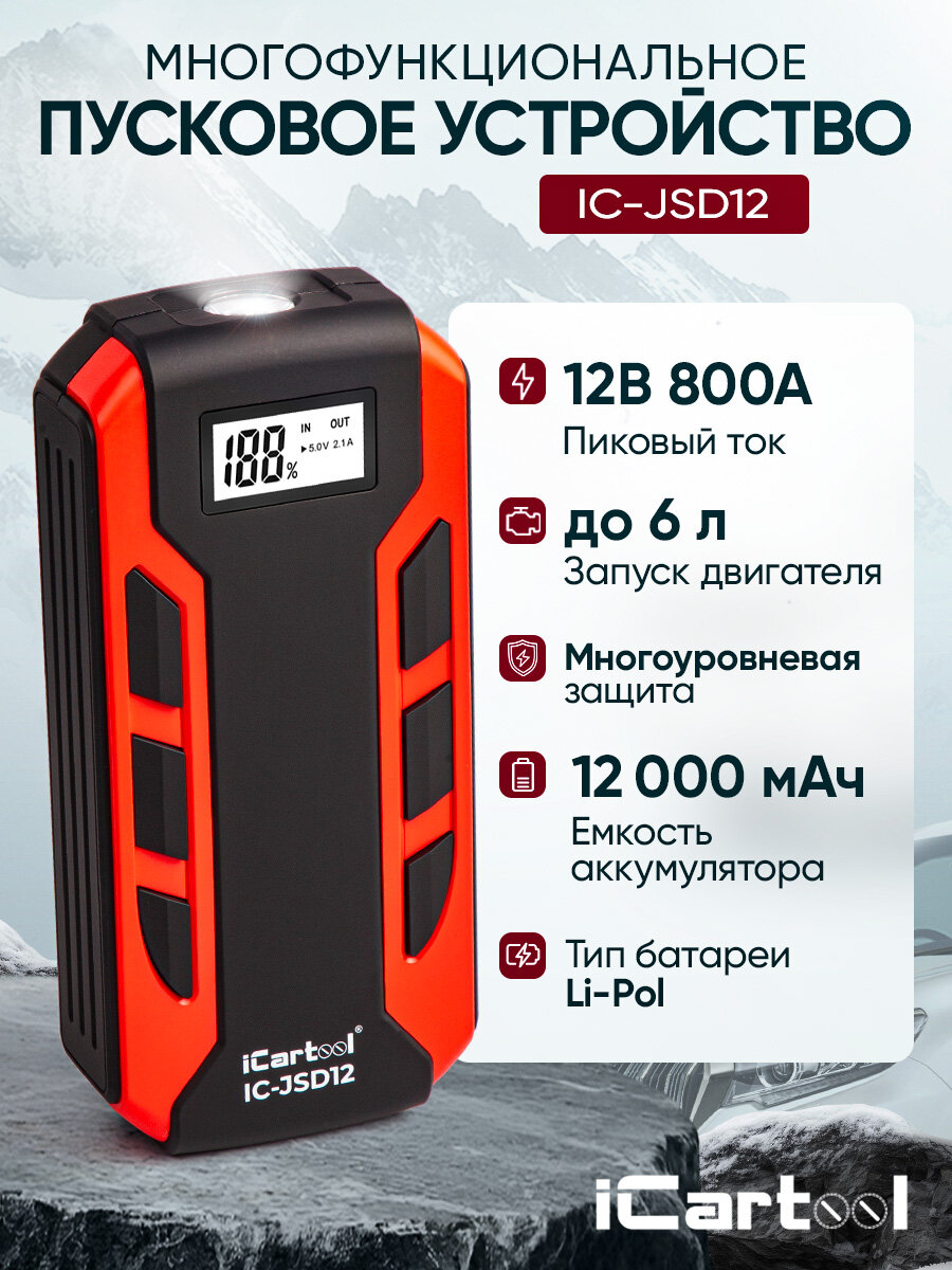 Пусковое устройство 12В, 12 000 мАч, 500/800А iCartool IC-JSD12