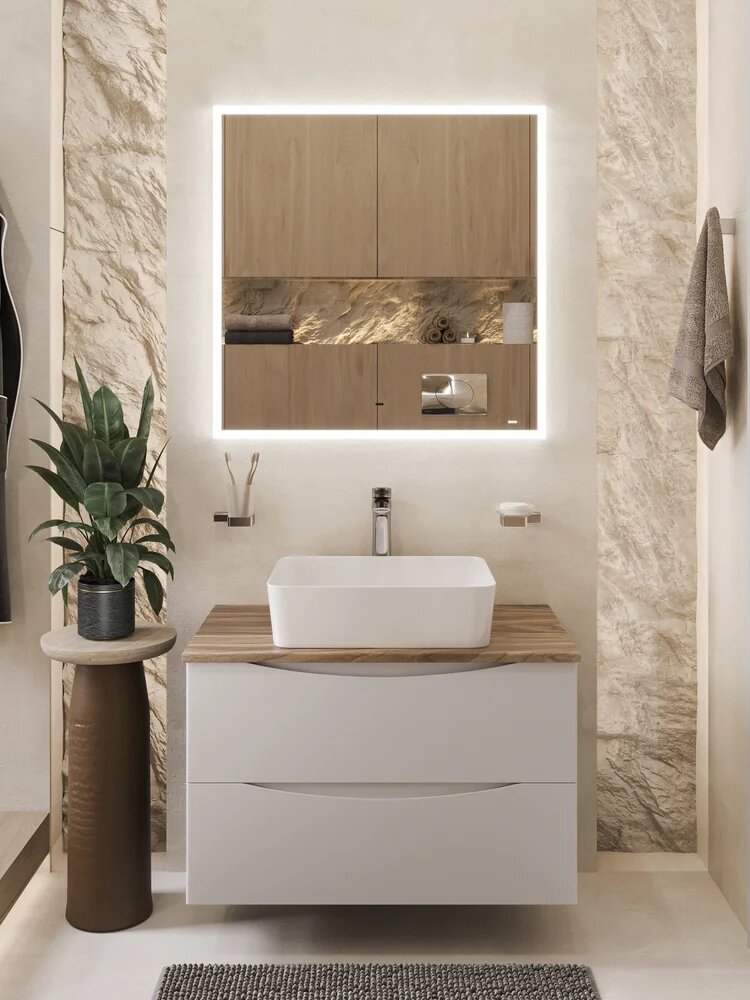 Мебель для ванной комнаты BOND Куб 80 подвесная, белая, под дерево, с раковиной Cube S54-480