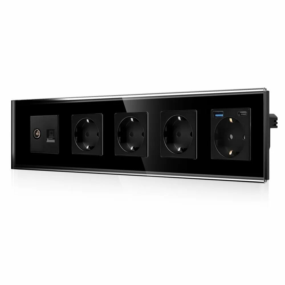 Pозетка на 5 столба с доступом в Интернет, CAT6, разъем USB A/TYPE-C, закаленное стекло, цвет Черный