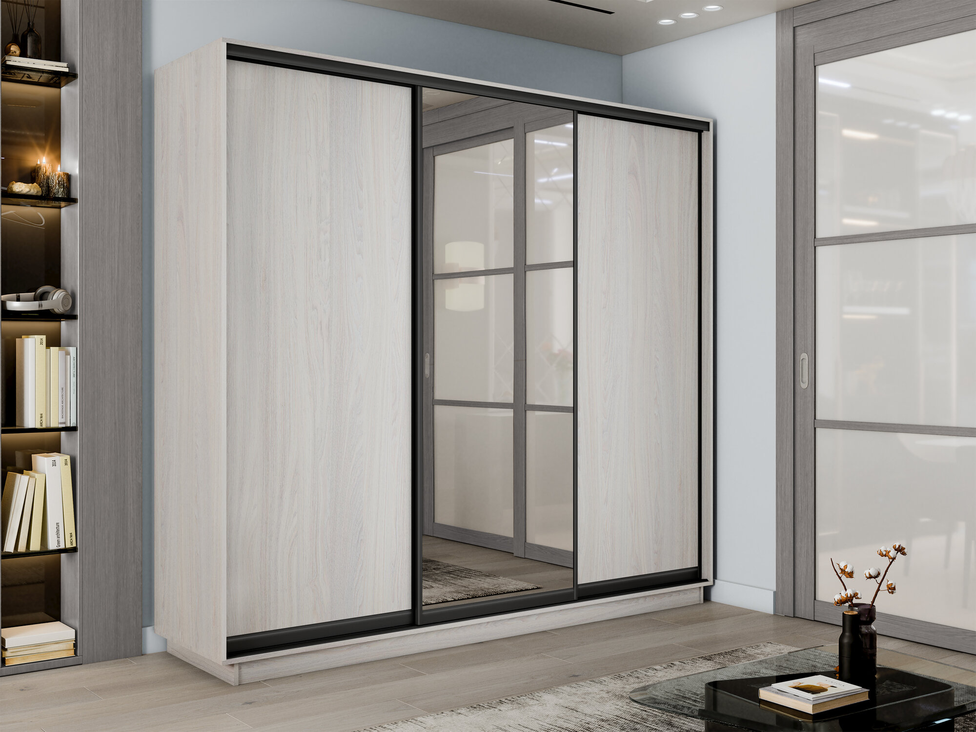 Шкаф купе Вилли 3-х дверный ЛДСП с зеркалом, профиль черный 210 см х 240 см х 45 см (Ясень анкор-светлый)