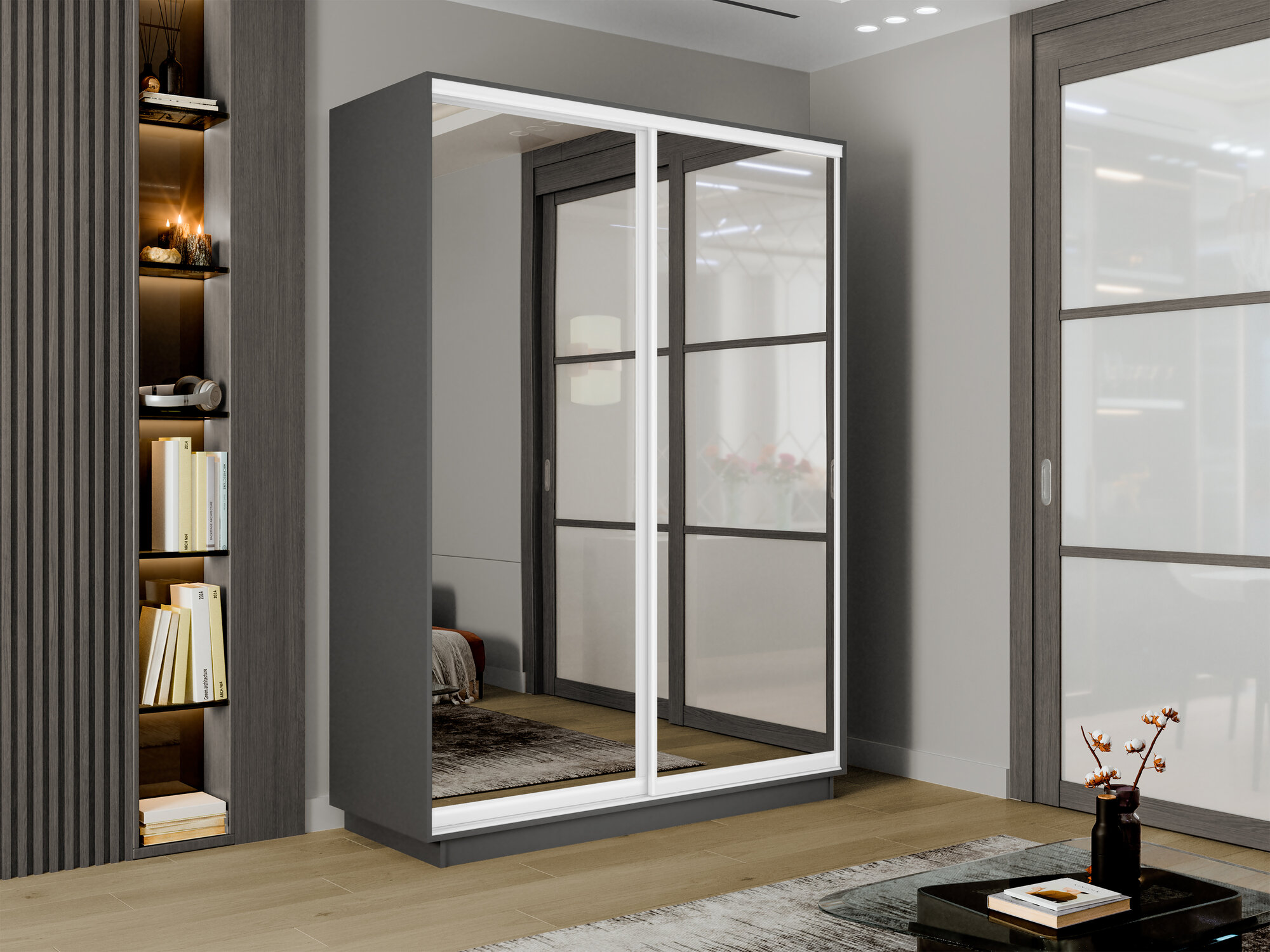 Шкаф купе Вилли 2-х дверный ЛДСП, зеркальные двери, профиль белый 120 см х 240 см х 60 см (Серый диамант)