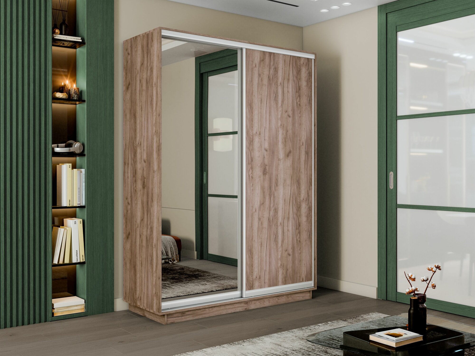 Шкаф купе Вилли Лайт 2-х дверный ЛДСП с зеркалом, профиль серебро 120 см х 220 см х 60 см (Крафт табачный)