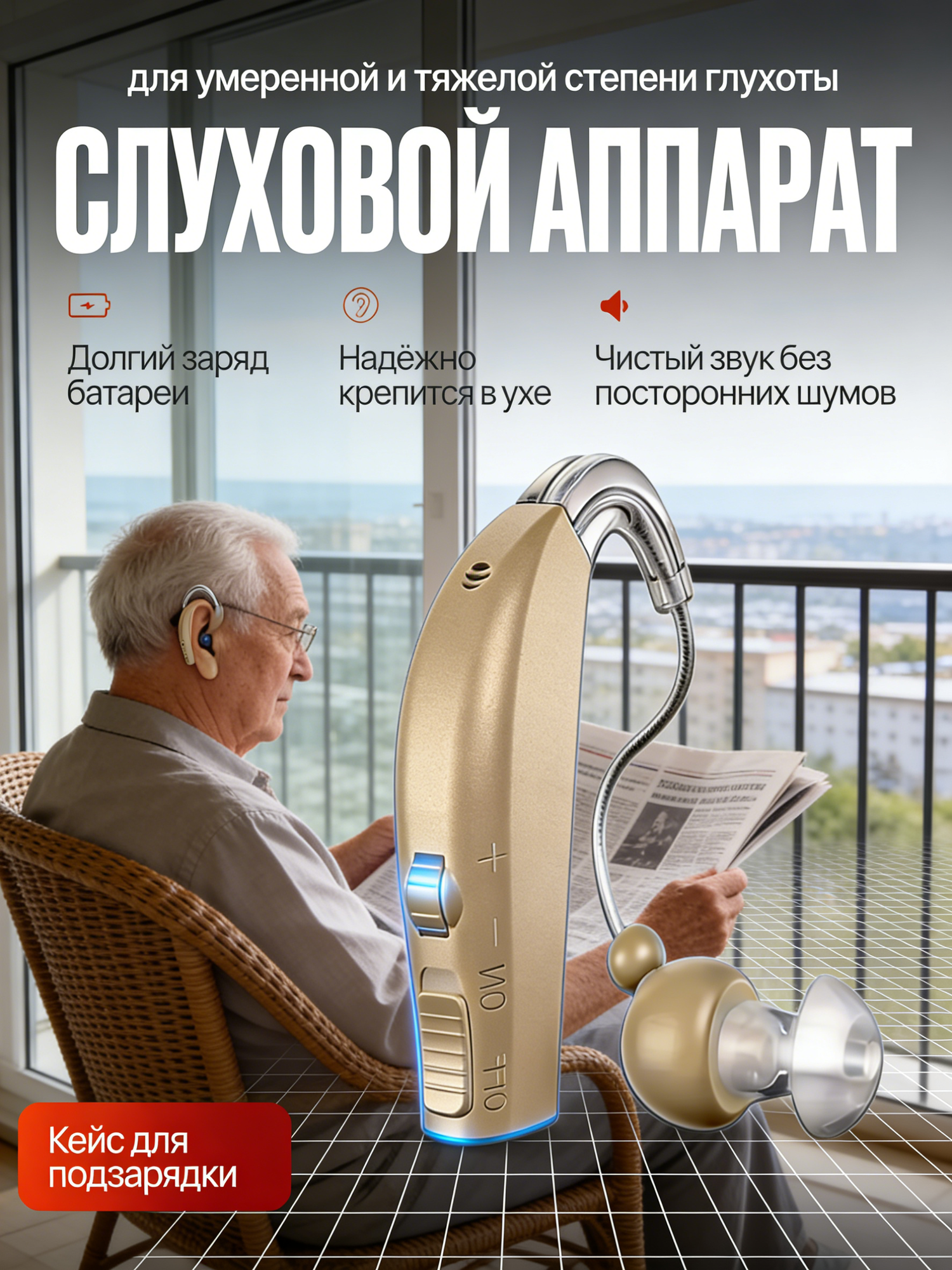 Накладной слуховой прибор с зарядным устройством для пожилых и взрослых