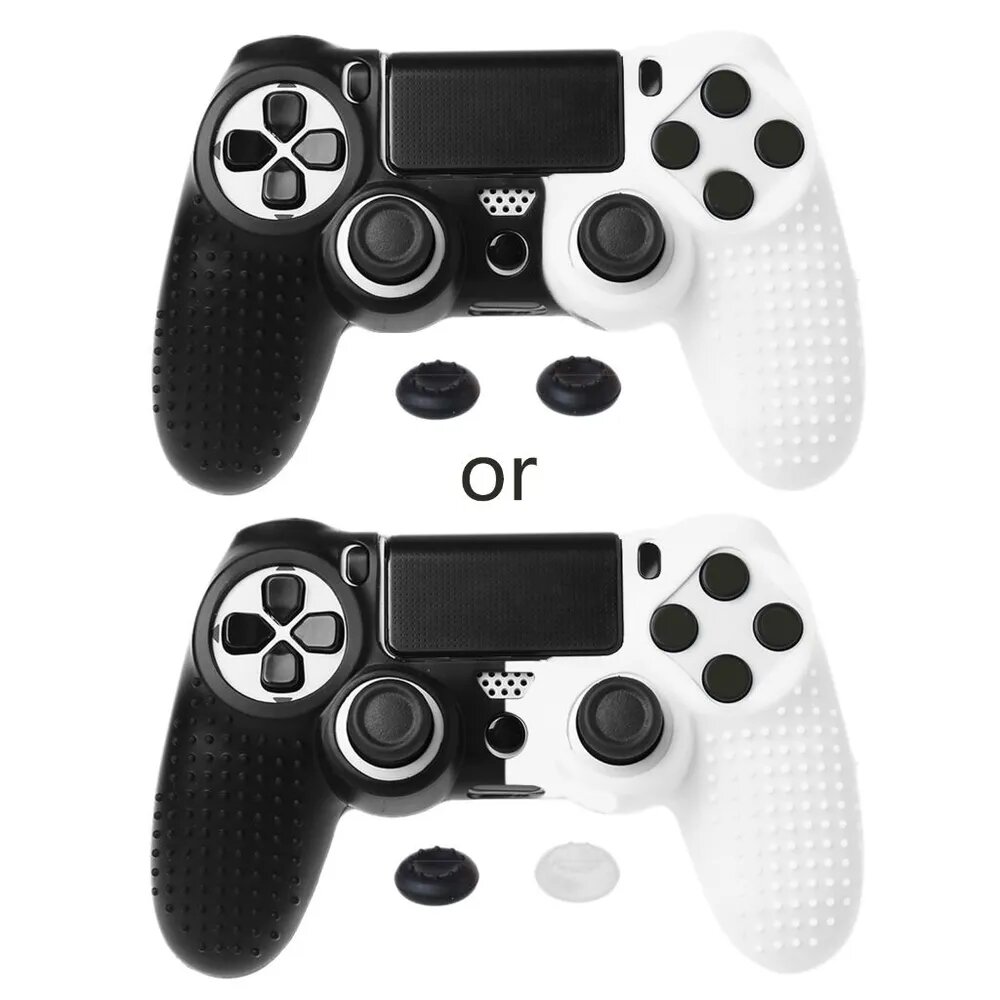 Набор для PS4 с силиконовым чехлом и двумя черными джойстиками - черно-белый