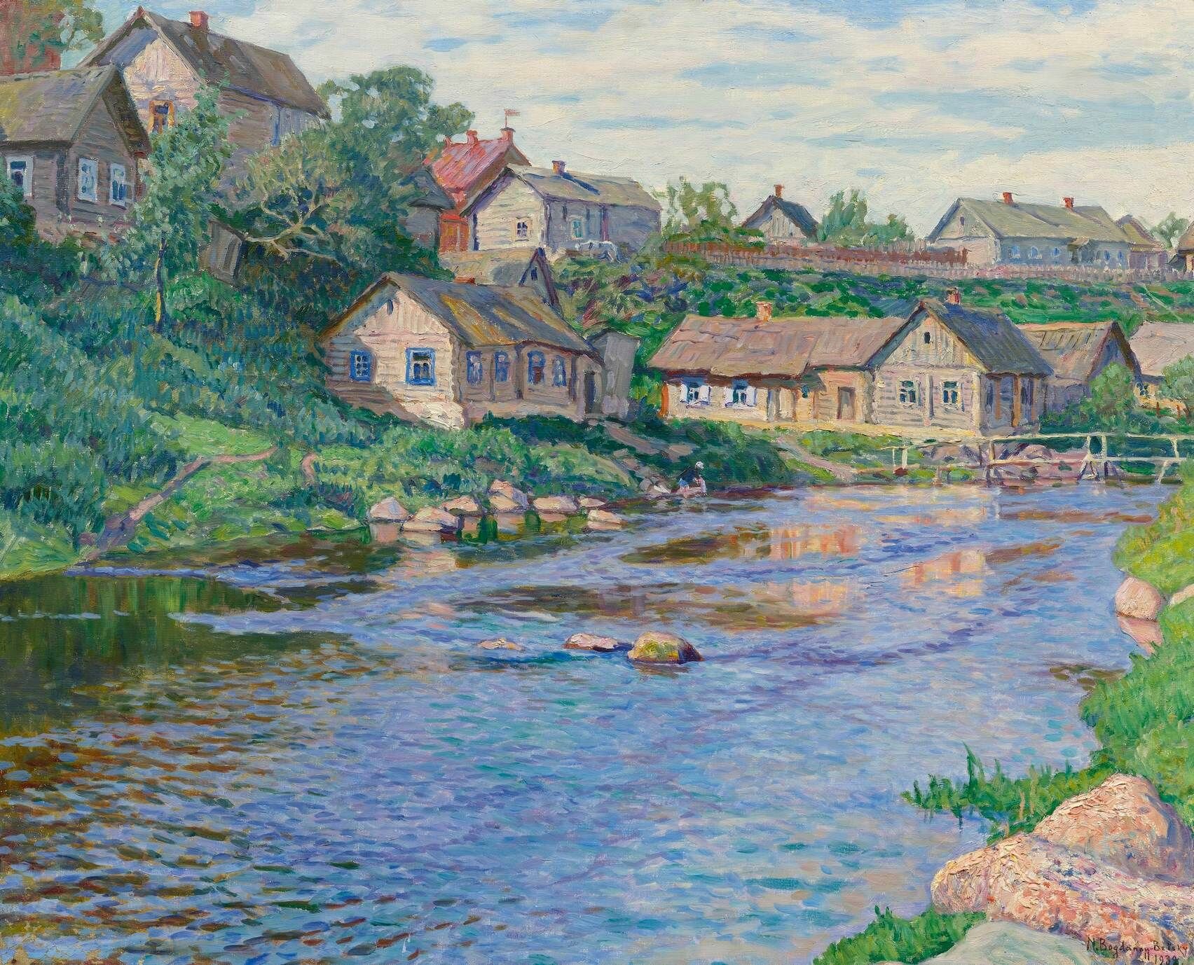 Картина Богданова-Бельского Николая Река с домами 60х48 см
