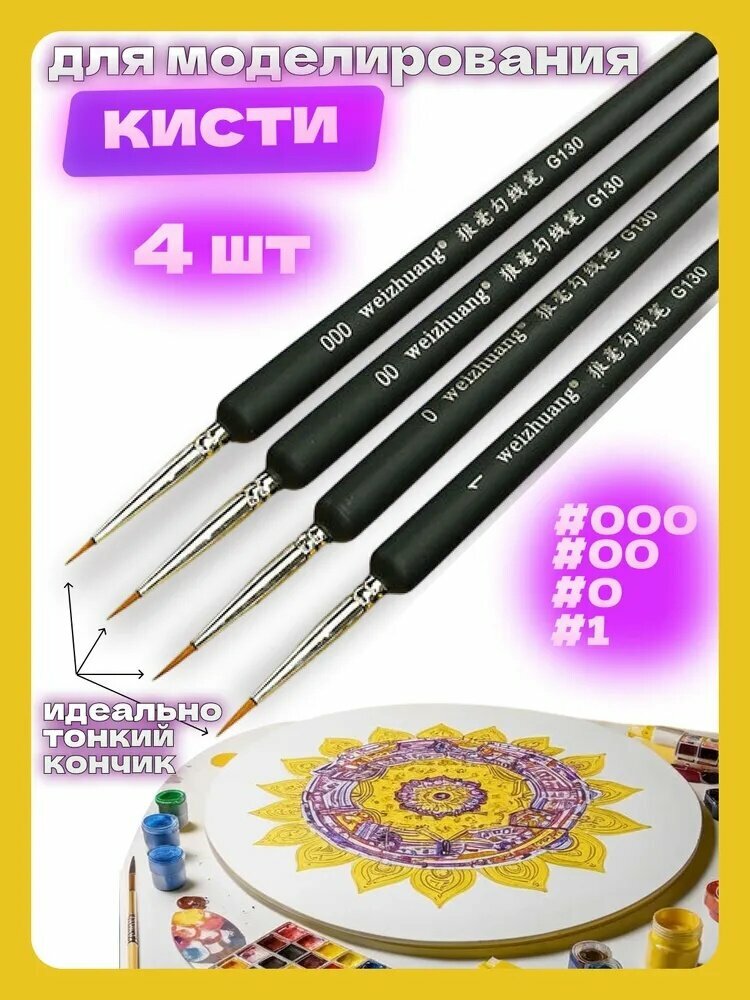 Набор кистей для моделирования миниатюр (000, 00, 0, 1) 4 шт