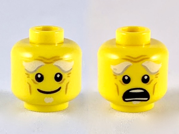 Minifigure, Head Dual Sided White Bushy Eyebrows, Goatee, Wrinkles, Smile / Open Mouth Scared Pattern, 3626pb1919 Yellow U