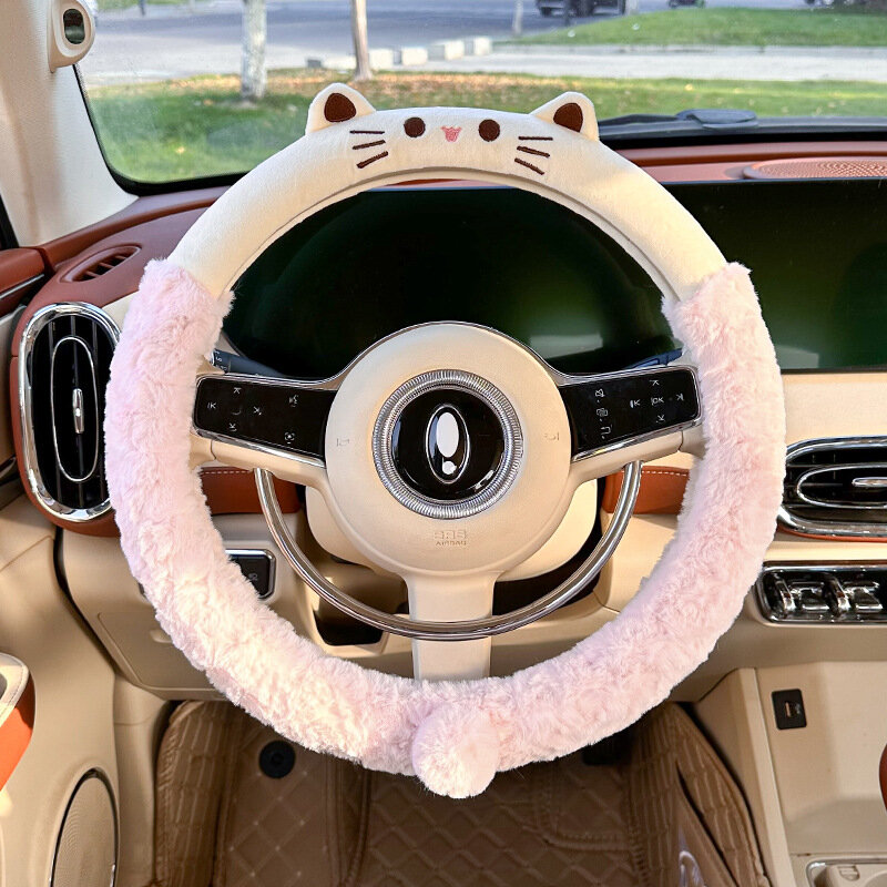 Милый чехол на руль автомобиля с котом, плюшевый, зимний, теплый, нескользящий, креативный чехол на руль автомобиля