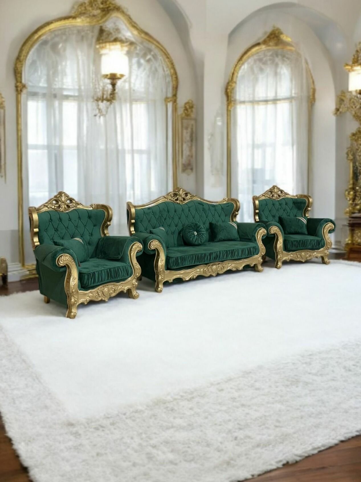 Комплект мягкой мебели TURKISH SOFA, диван, 2 кресла, с подушками, темно-зеленый/золотой