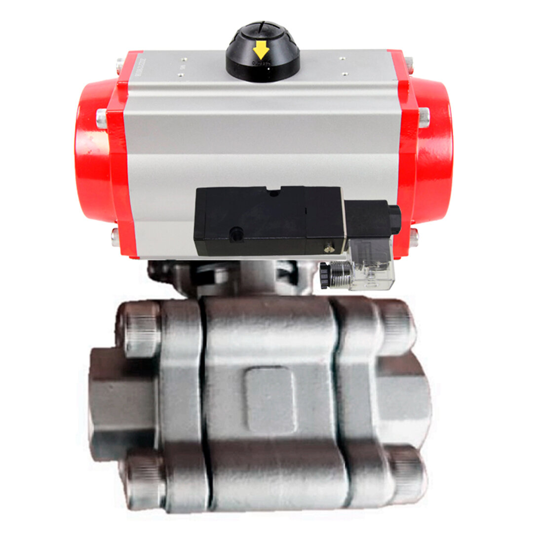 Кран шаровой DN.ru 316-316-PTFE-FP-SW-ISO-H Ду40 Ру63 полнопроходной, корпус - нержавеющая сталь SS316, под приварку, с пневмоприводом DA-065, пневмораспределителем PND2-S1EM-52-1NC-J08-24VDC (опрессовано)