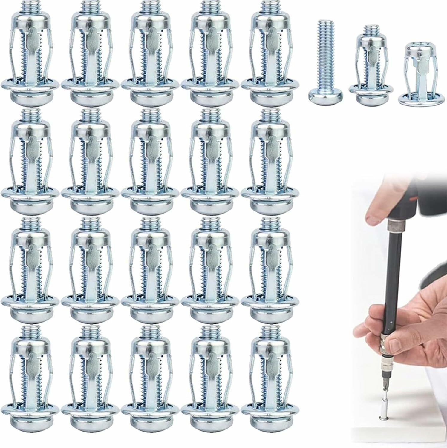 Набор саморезов с раскрывающейся гайкой Petal Nut Expansion Screw Set 20 штук (20 pcs m4*20), из цинколистованной стали, размеры *20, *25, M5*25, M6*25, для крепления в пластике, фанере, пустых стенах, листах железа