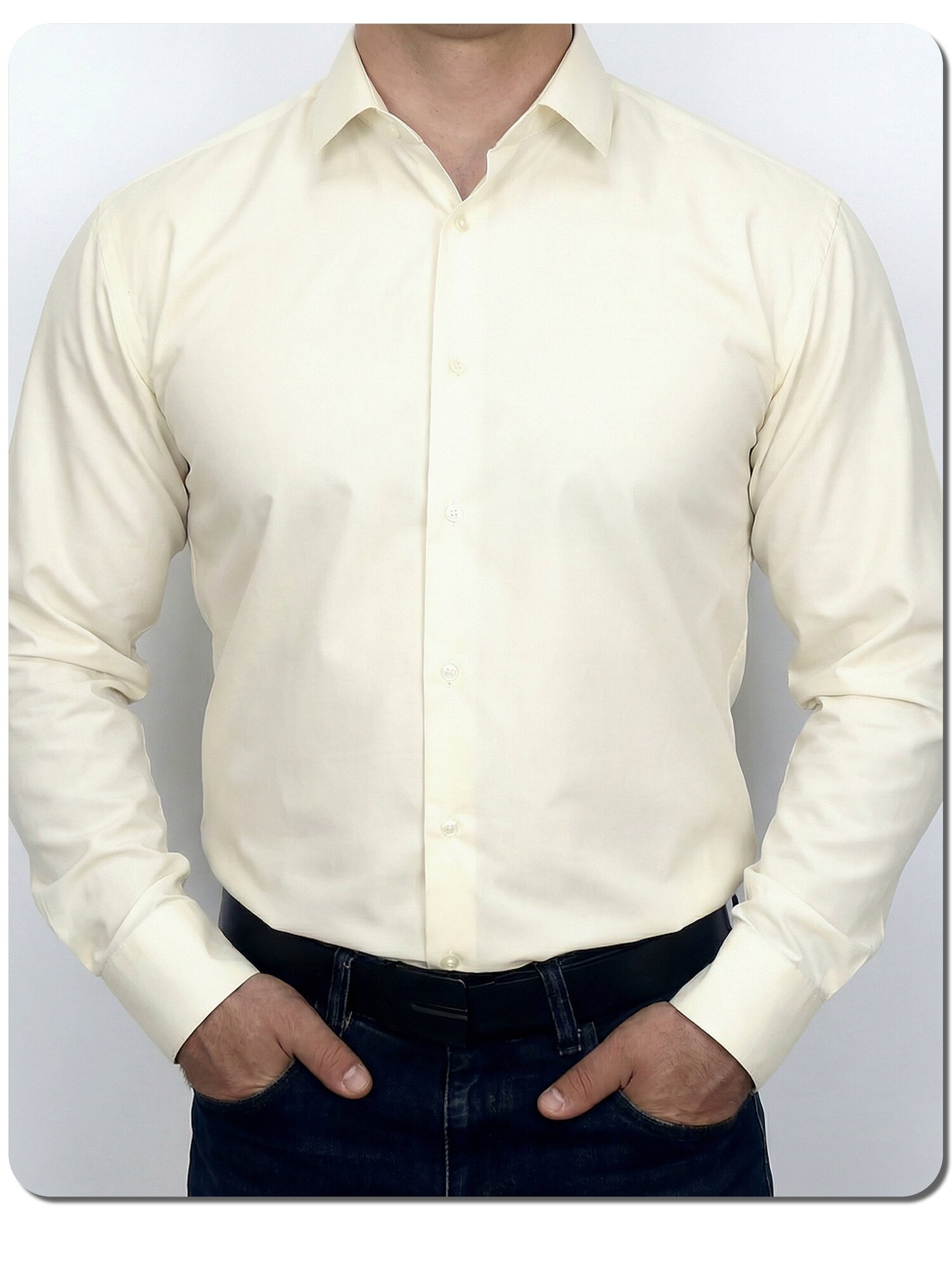 Рубашка Мужская рубашка с длинным рукавом приталенная, светлая сорочка на пуговицах, рубаха на любой сезон, айвори однотонная, без карманов, на любой сезон и на лето рубашка Slim fit с приталенным кроем зауже