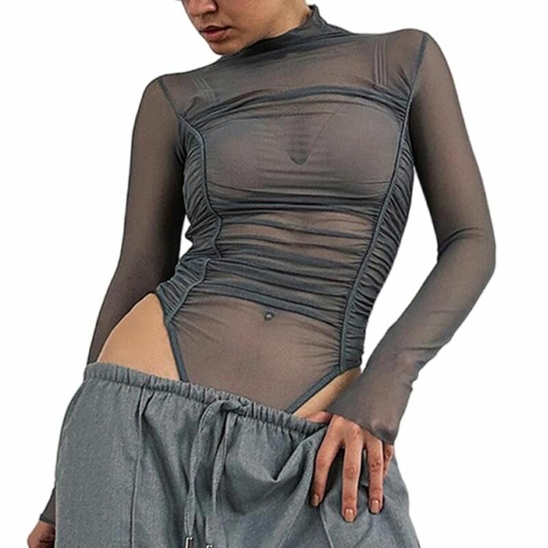 Женский обтягивающий боди из прозрачной сетки с длинными рукавами, Серый - M